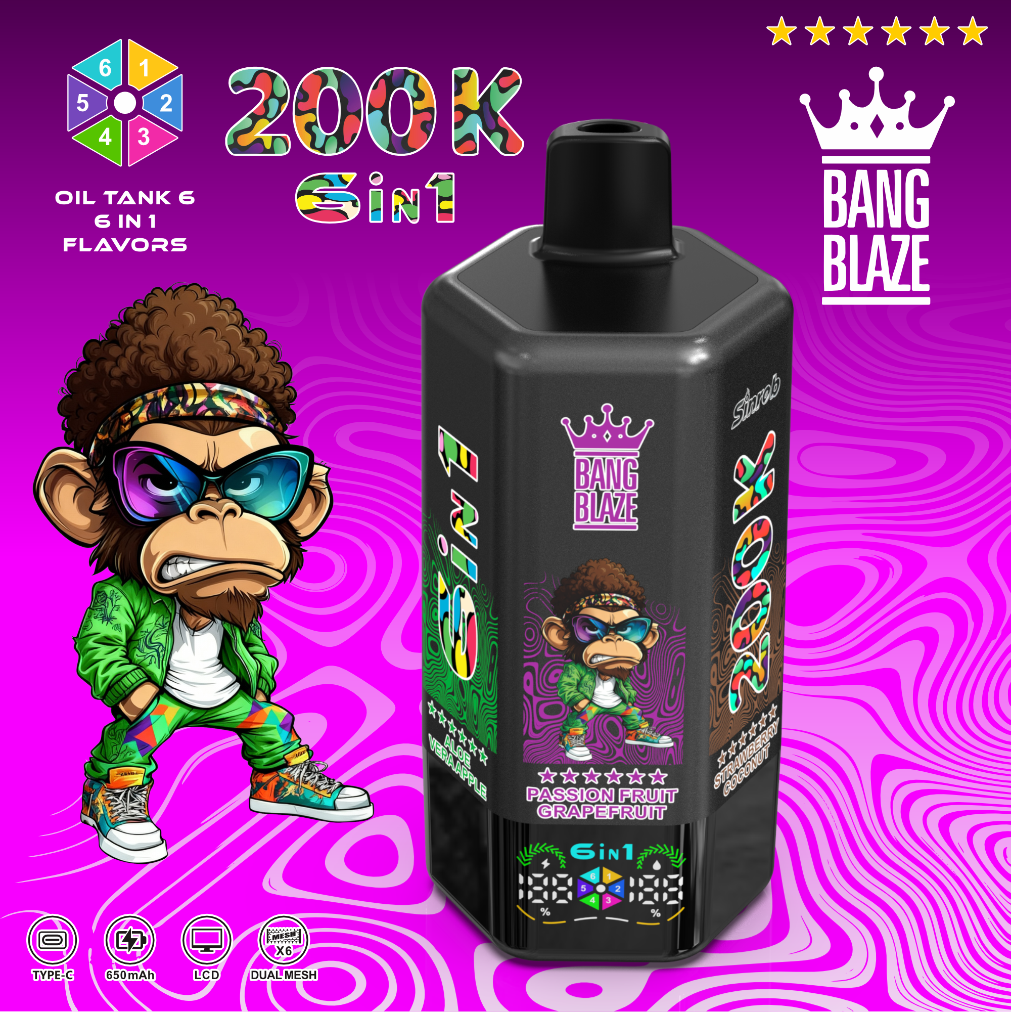 Bang Blaze 200000 200K Rookwolken 6 in 1 Smaken en 6 olietanks ...