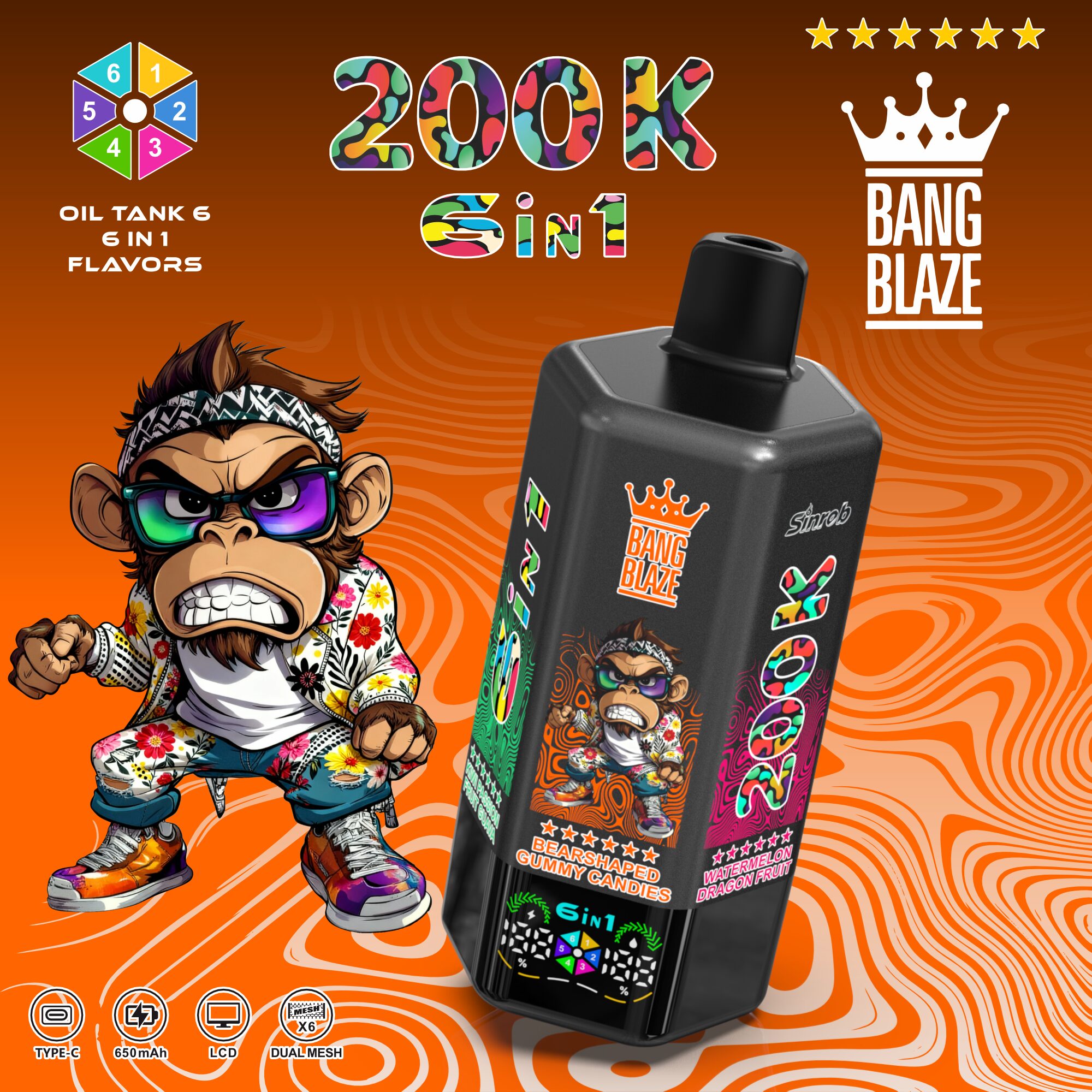 Bang Blaze 200.000 200.000 Puffs, 6-in-1-Geschmacksrichtungen und 6 ...
