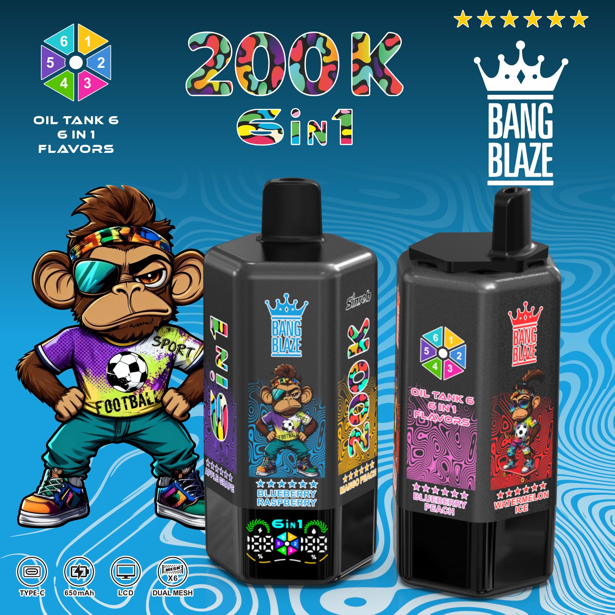 Bang Blaze 200000 200K Puffs 6 en 1 Sabores y 6 tanques de aceite ...