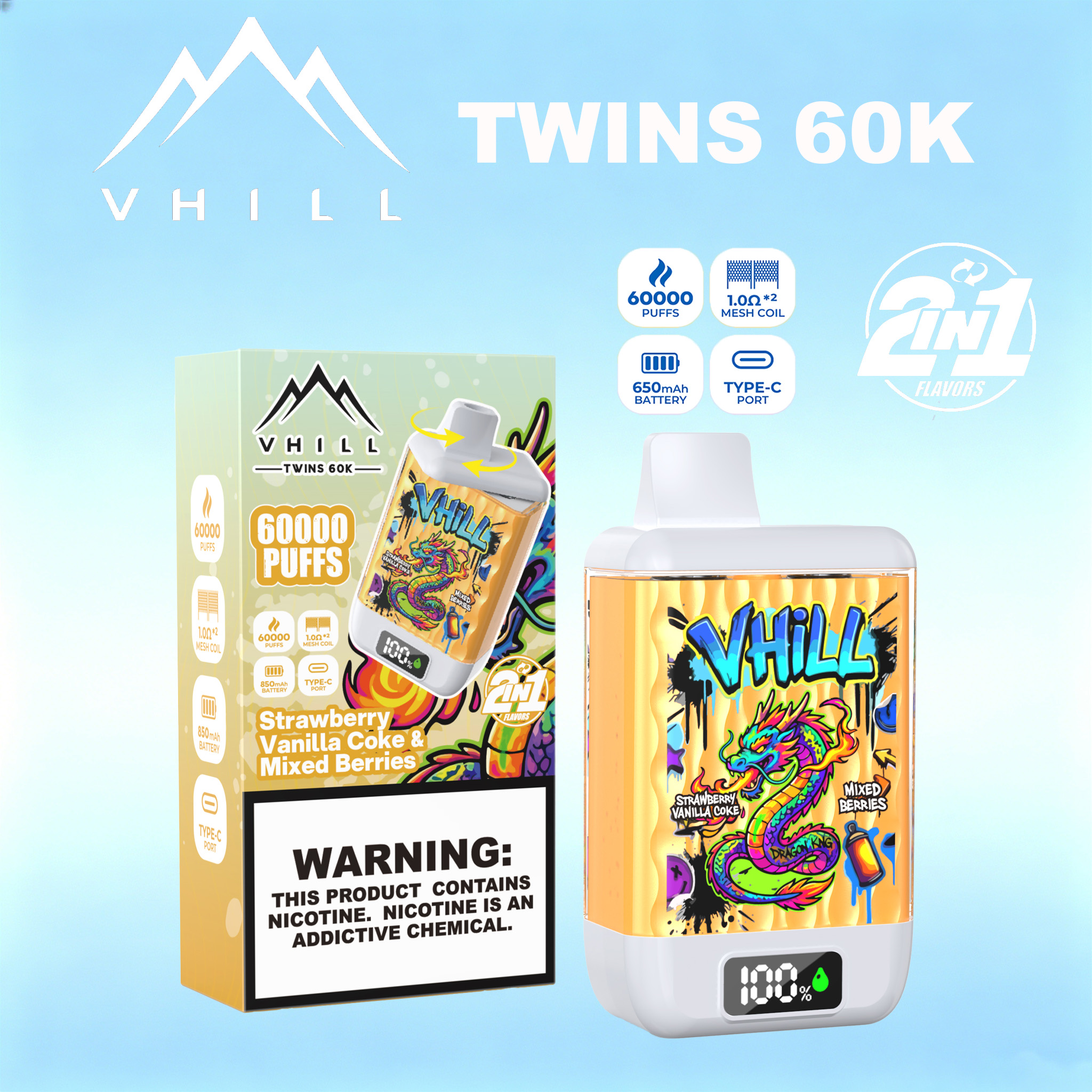 VHILL TWINS 60000 60K Puffs Dual Flavors LED Display Disposable Vape EU ...